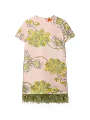 La DoubleJ Mini Swing Dress In Swathe Print Silk Twill With Feather Trim