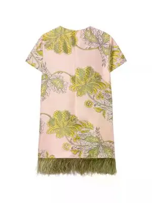 La DoubleJ Mini Swing Dress In Swathe Print Silk Twill With Feather Trim