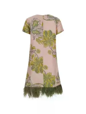 La DoubleJ Mini Swing Dress In Swathe Print Silk Twill With Feather Trim - Pink