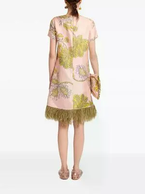 La DoubleJ Mini Swing Dress In Swathe Print Silk Twill With Feather Trim