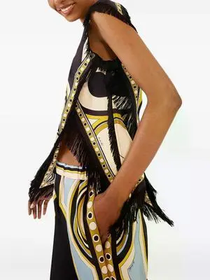 La DoubleJ Graphic Print Silk Twill Fringe Scarf Top - Black