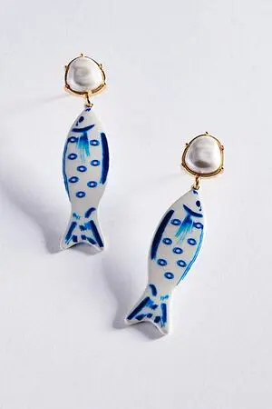 Anthropologie Ceramic Fish Drop Earrings With Pearl Accent - Blue