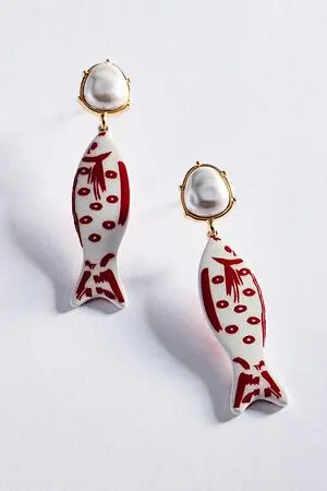 Anthropologie Ceramic Fish Drop Earrings With Pearl Accent - Red