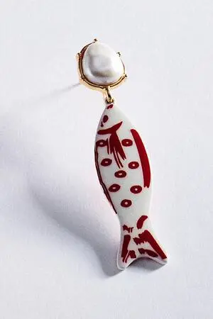 Anthropologie Ceramic Fish Drop Earrings With Pearl Accent - Red