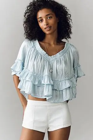 Anthropologie Ruffle Short Sleeve Top - Blue