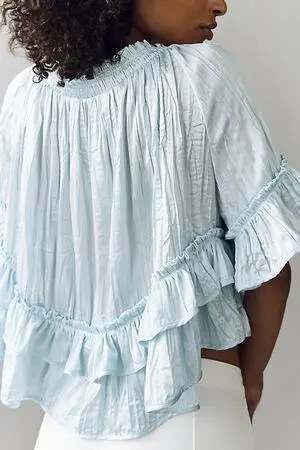 Anthropologie Ruffle Short Sleeve Top - Blue
