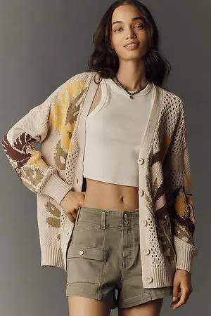 Anthropologie Open Stitch Cardigan With Tropical Print - Ivory Pattern
