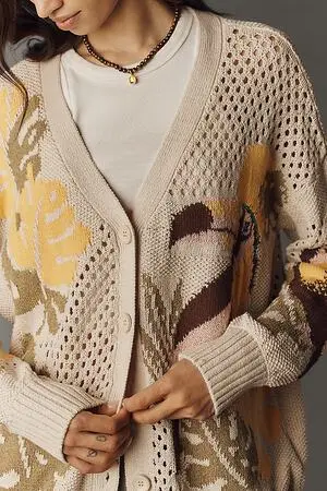 Anthropologie Open Stitch Cardigan With Tropical Print