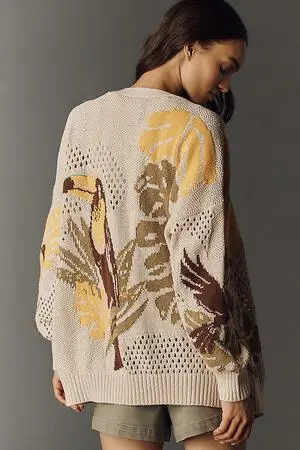 Anthropologie Open Stitch Cardigan With Tropical Print