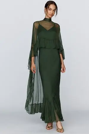 GEISHA DESIGNS Leigh Chiffon Slip Maxi Dress With Ruffle Cape - Olive