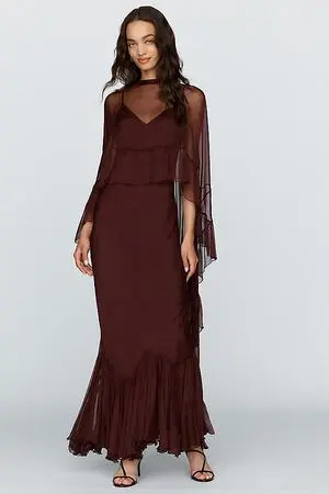 GEISHA DESIGNS Leigh Chiffon Slip Maxi Dress With Ruffle Cape - Plum