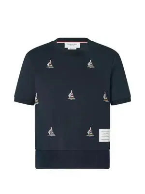 Thom Browne Milano Rib T-shirt With Sailboat Embroidery - Blue