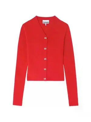 GANNI Logo Button V-neck Cardigan - Red