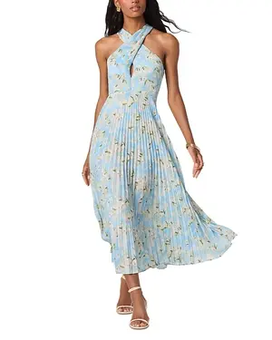Astr The Label Samantha Pleated Back Cutout Dress - Blue Flora