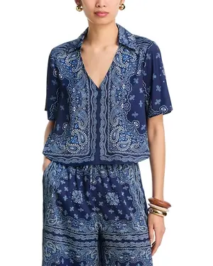Aqua Bandana Print Short Sleeve Top - Navy