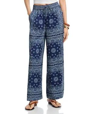 Aqua Bandana Print Wide Leg Pants - Navy