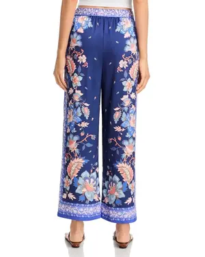 Aqua Wide Leg Floral Print Drawstring Pants