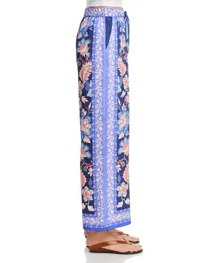 Aqua Wide Leg Floral Print Drawstring Pants