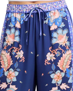 Aqua Wide Leg Floral Print Drawstring Pants