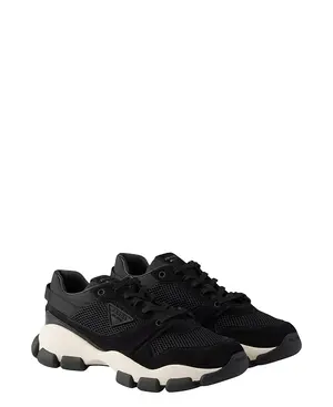 Prada Mesh Fabric And Suede Lace-up Sneakers - Black