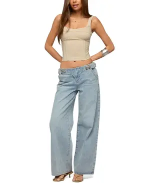 EDIKTED Buckled Low Rise Baggy Jeans - Light-blue-washed