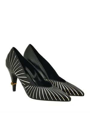 Versace Leather Pointed Toe Pumps With Gold Tone Embellishment - Black/gold