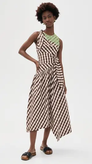 DAMSON MADDER Asymmetric Checked Midi Dress