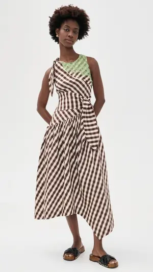 DAMSON MADDER Asymmetric Checked Midi Dress