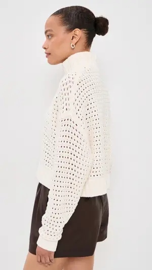 Staud Cropped Hampton Sweater With Mock Neck And Quarter Zip - Ivory