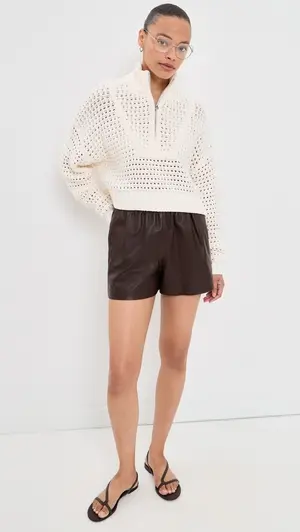 Staud Cropped Hampton Sweater With Mock Neck And Quarter Zip - Ivory