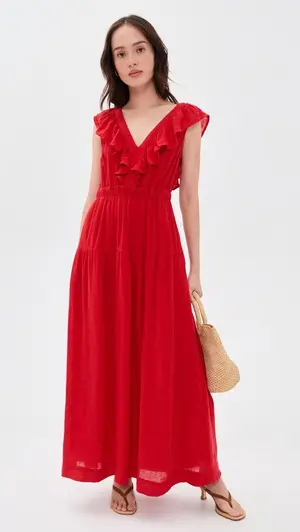 Rails Beaux Linen Blend Maxi Dress With Ruffled V-neck