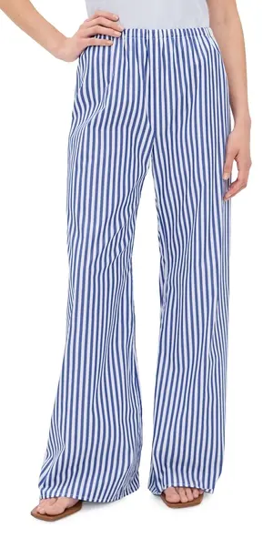 LA LIGNE Striped Cotton Wide Leg Pants - Cobalt/white