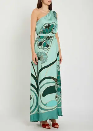 La DoubleJ Printed Silk One-shoulder Maxi Dress With Belt