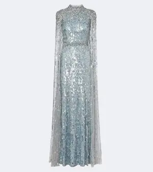 Jenny Packham Embellished Cape Gown - Blue