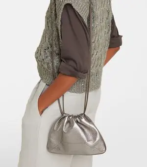 Brunello Cucinelli Monili Small Metallic Leather Crossbody Bag - Silver