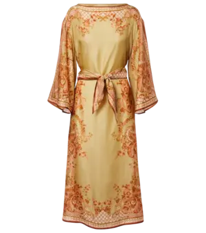 Zimmermann Belted Printed Silk Midi Dress - Gold