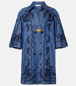 Zimmermann Embroidered Cotton Chambray Minidress - Blue