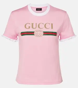 Gucci Logo Cotton Jersey T-shirt With Ruffled Details - Pink