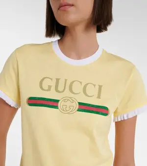 Gucci Logo Cotton Jersey T-shirt With Ruffled Details - Yellow