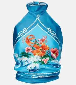Gucci Printed Silk Twill Halterneck Crop Top - Blue