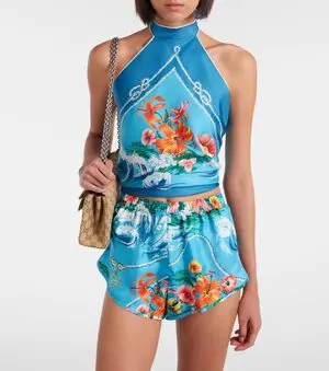 Gucci Printed Silk Twill Halterneck Crop Top - Blue