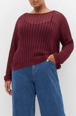 City Chic Slouch Open Stitch Sweater - Berry