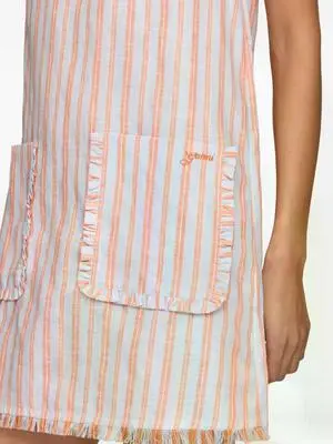 GANNI Striped Linen Mini Dress With Frayed Edges - Orange