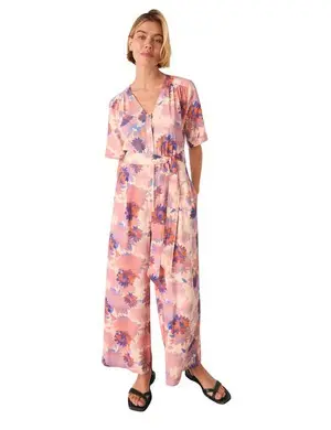 Whistles Floral Button Front Cropped Jumpsuit - Pink/multi