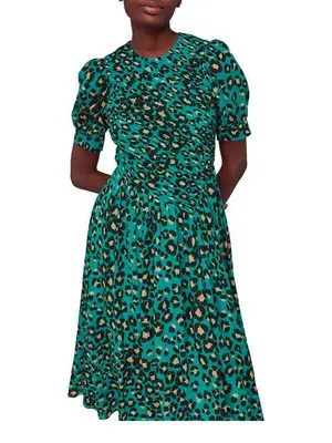Whistles Painted Leopard Shirred Midi Dress