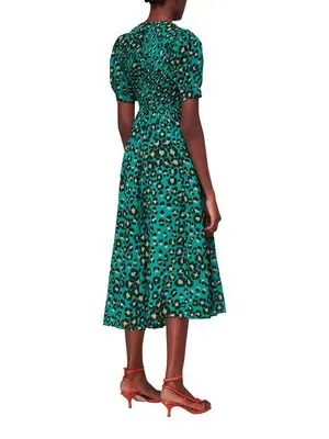Whistles Painted Leopard Shirred Midi Dress