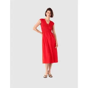 Whistles Shirred Bodice V-neck Midi Dress - Red
