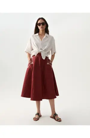 FORTELA Embroidered Linen Blend Skirt