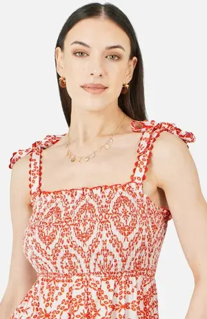 YUMI Ruched Tie Strap Midi Sun Dress