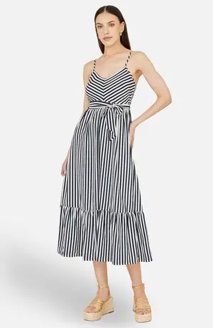 YUMI Striped Midi Dress With V-neck And Tie Waist - Navy